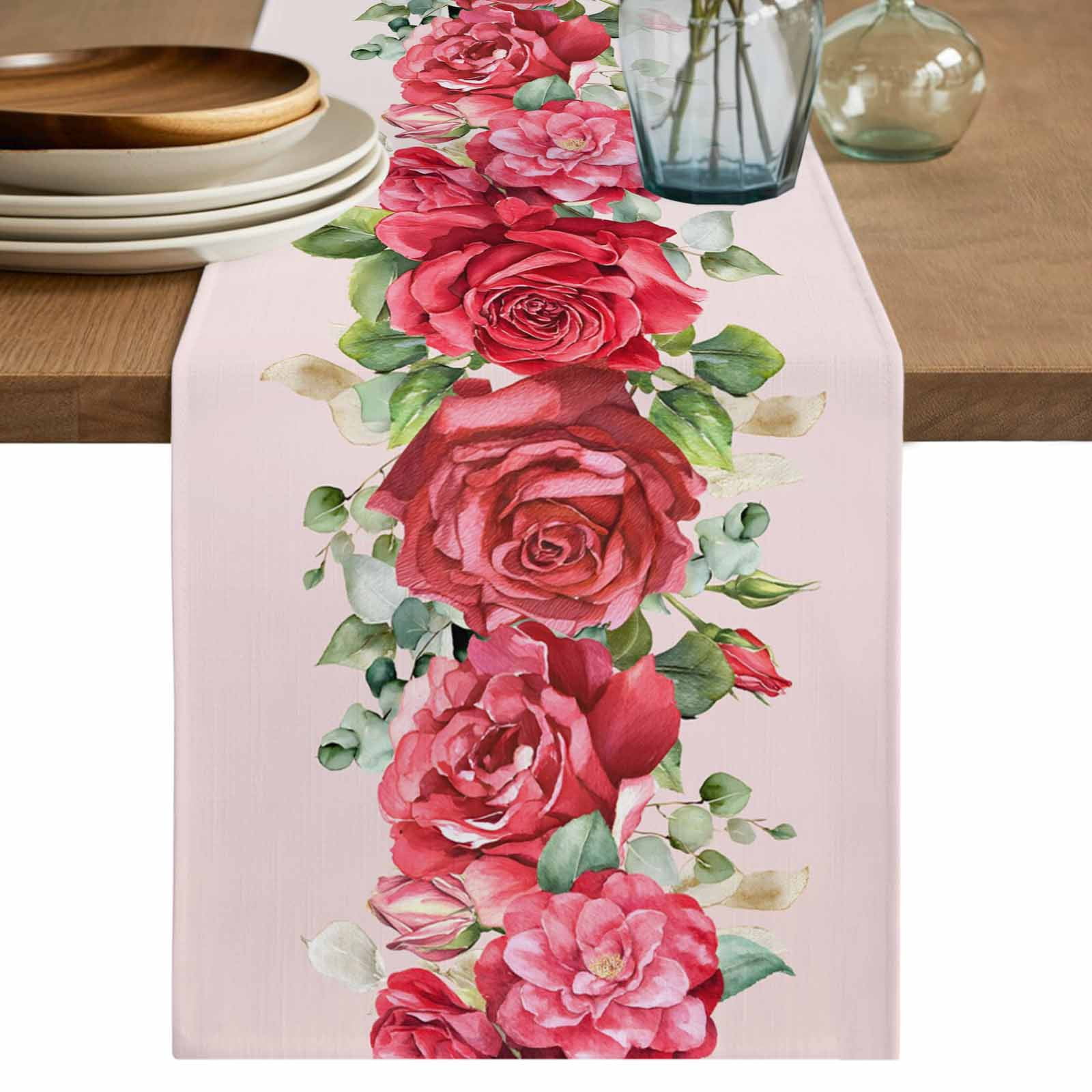 Red Roses Valentine's Day Table Runner 72 Inches, Eucalyptus Leaves ...