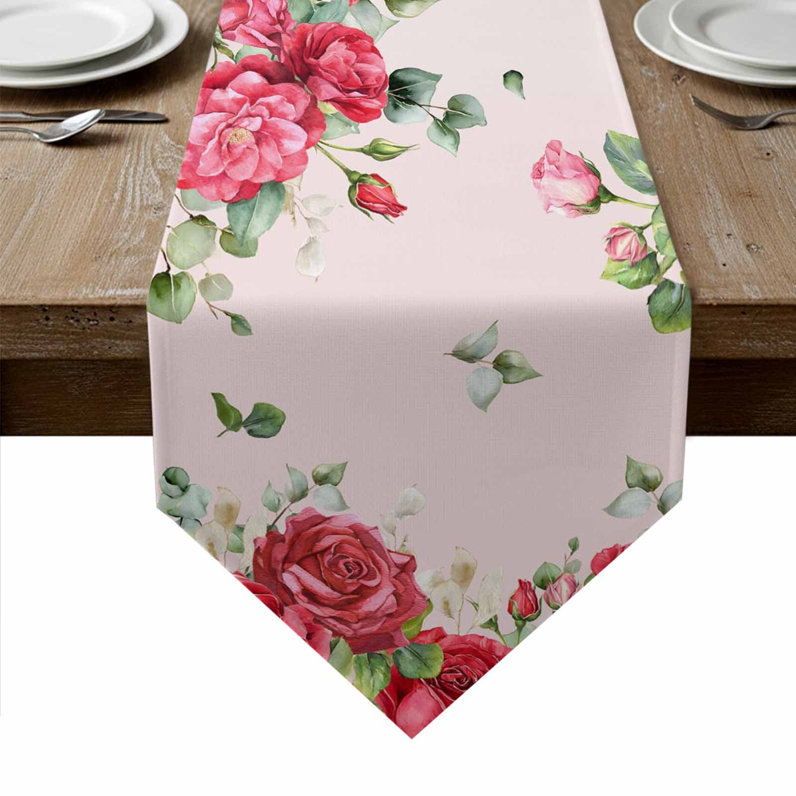 Red Roses Valentine's Day Table Runner Linen Burlap Table Runner 90 ...