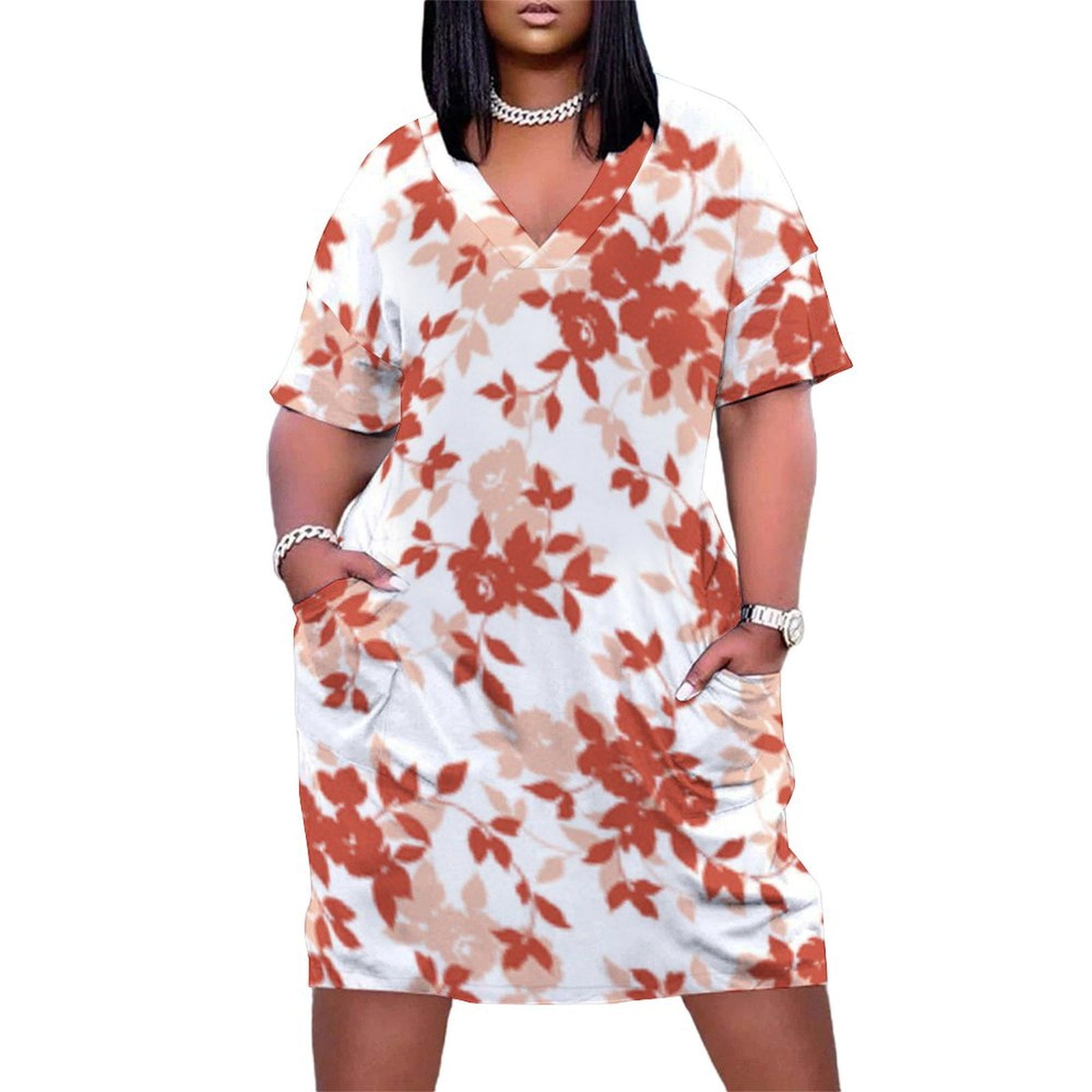 Red Roses White Background Floral Print Summer Sundress for Curve Women Casual Pattern Plus Size ...