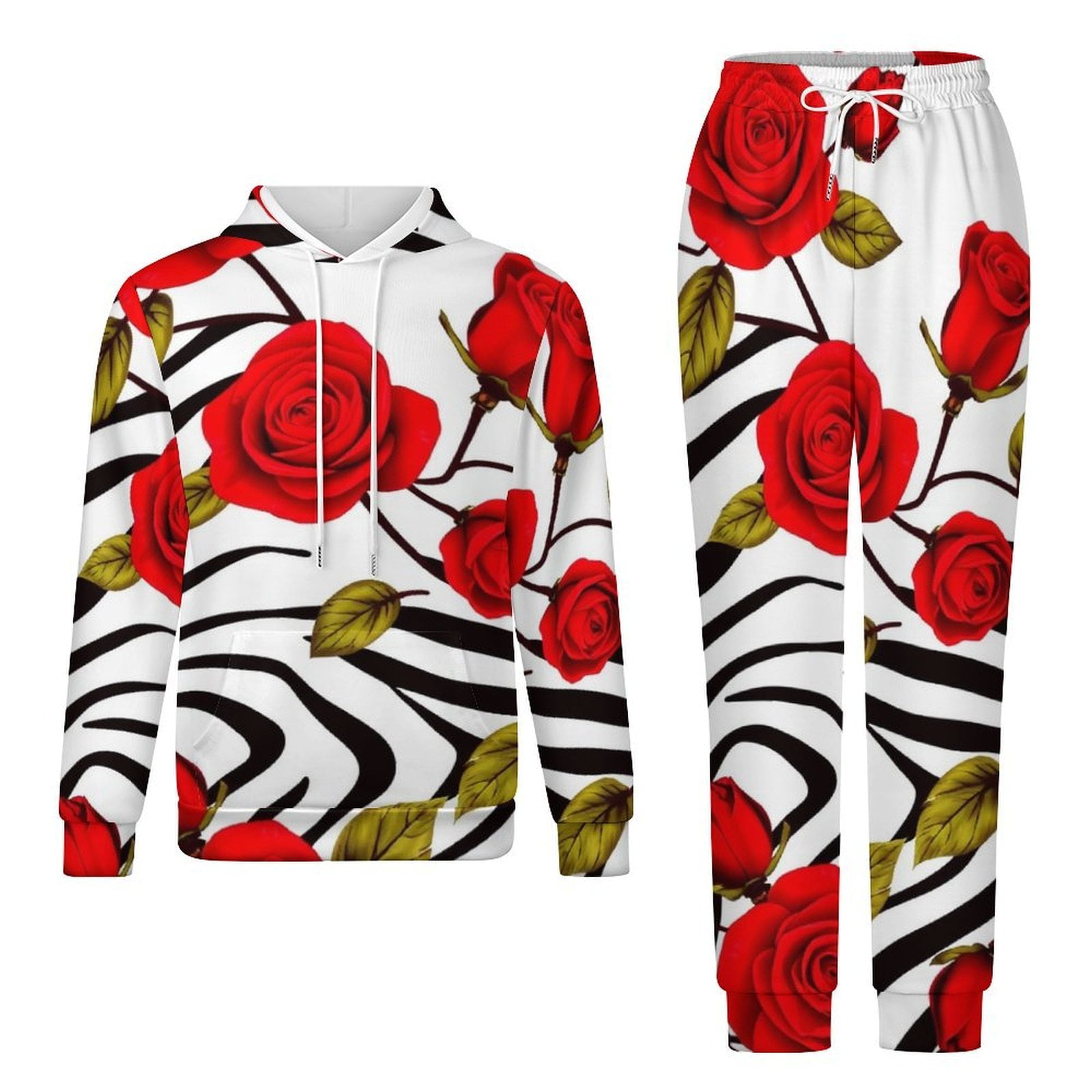 Red Roses Zebra Pattern Hoodie And Pants Set Tracksuit Men Women ...
