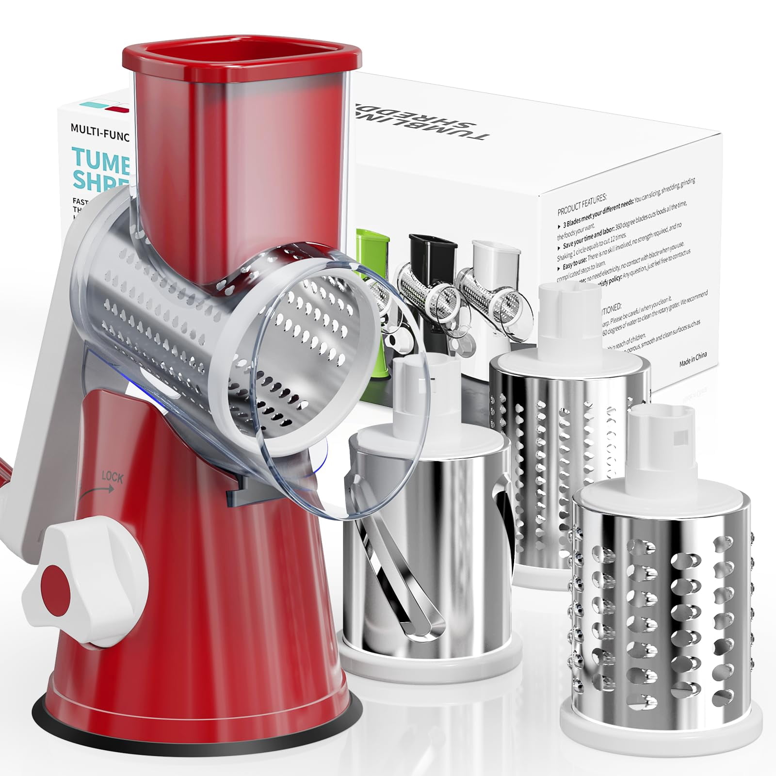 Red Rotary Cheese Grater Hand Crank with 3 Interchangeable Blades for ...