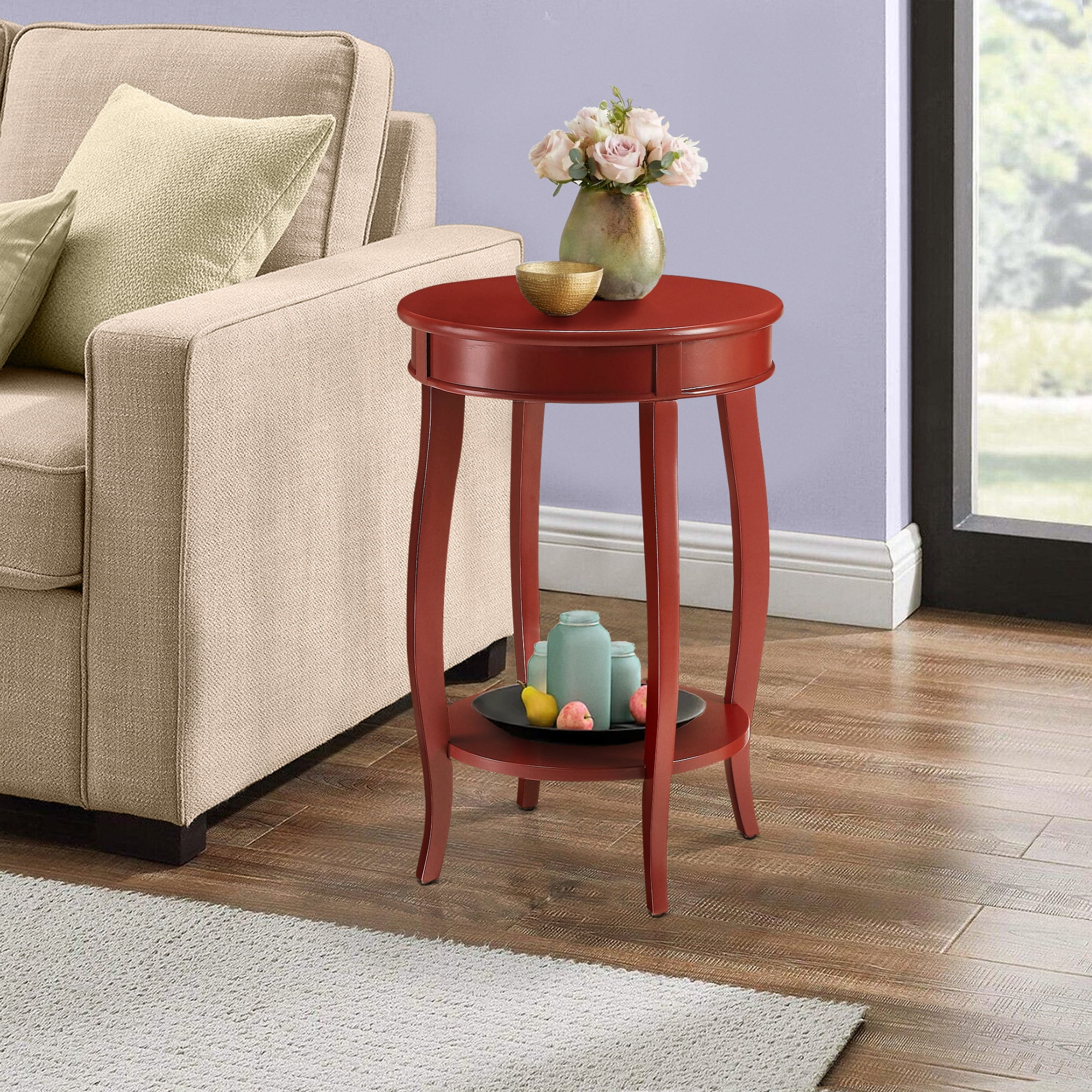Red Round Side Table with Bottom Shelf,Red Wood Furniture Primary ...