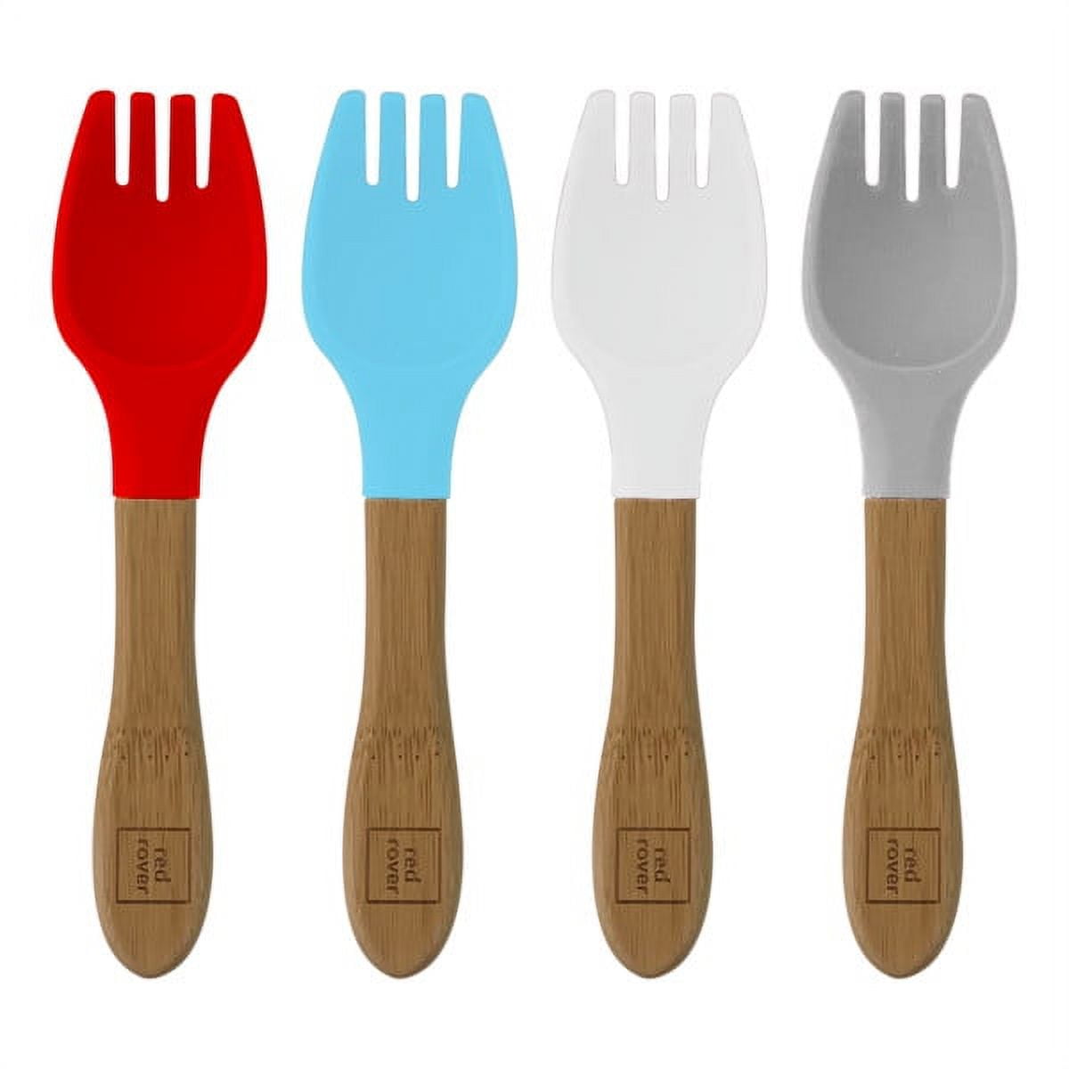 Red Rover Kids Silicone Forks with Bamboo Handle, Set of 4, White, Blue ...