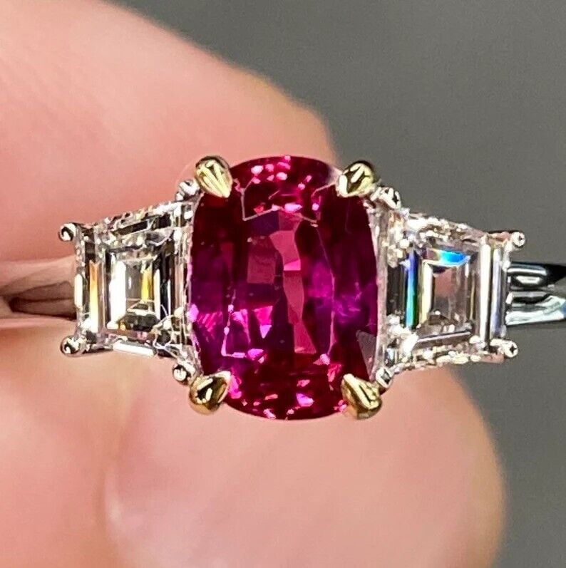 Red Ruby Three Stone Anniversary Oval Ring Christmas Gift Wedding Gift ...