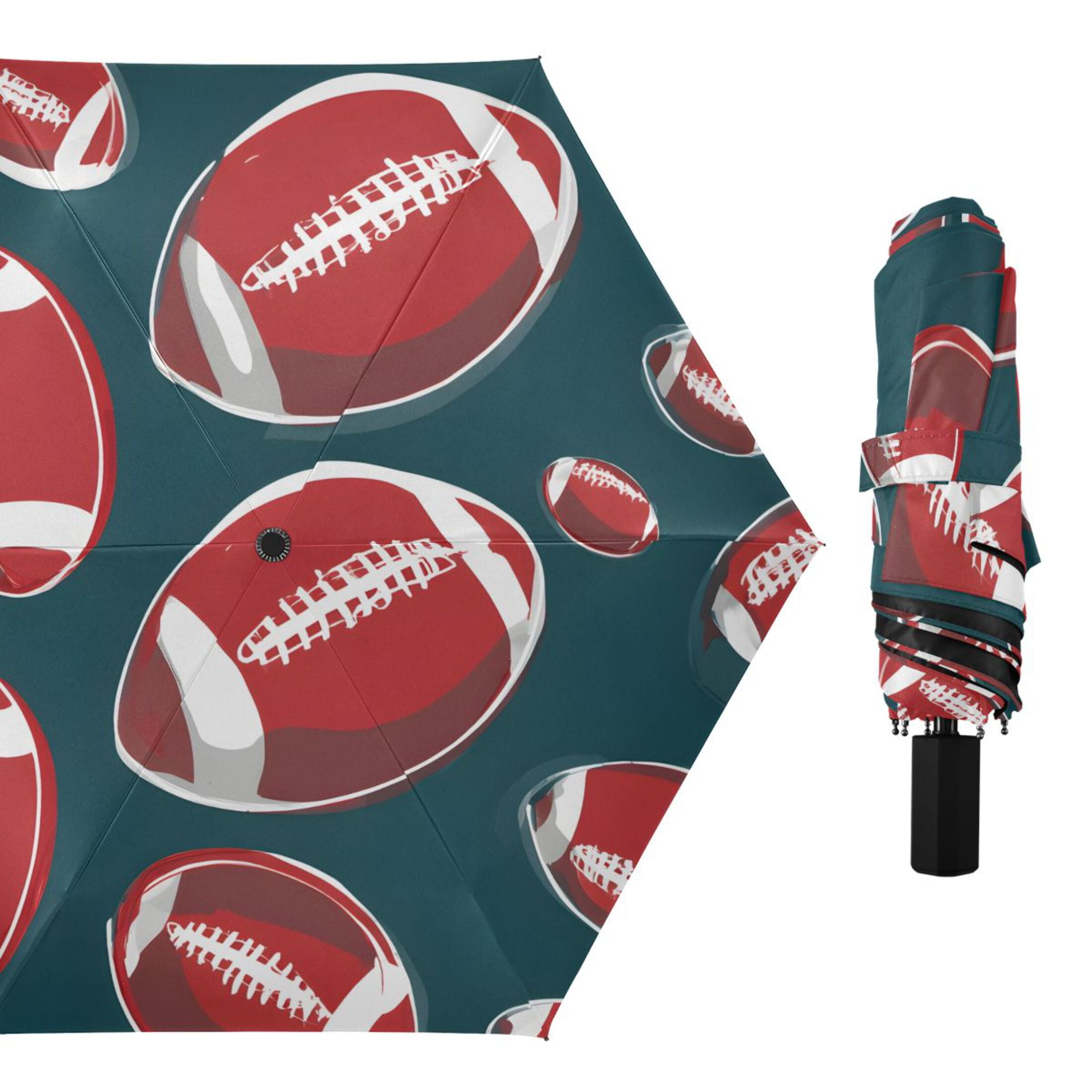 Red Rugby Balls All Weather Umbrella Triple Folding Parasol 6 Ribs UV ...