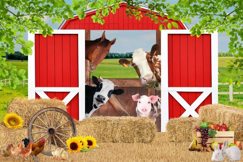 Red Rustic Barn Animals Haystack Backdrop Farm House Scene Birthday ...