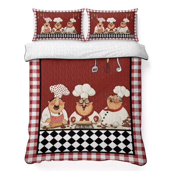 Red Rustic Chefs 3 Piece Quilt Bedding Set with 2 Pillow Shams, Cooking ...