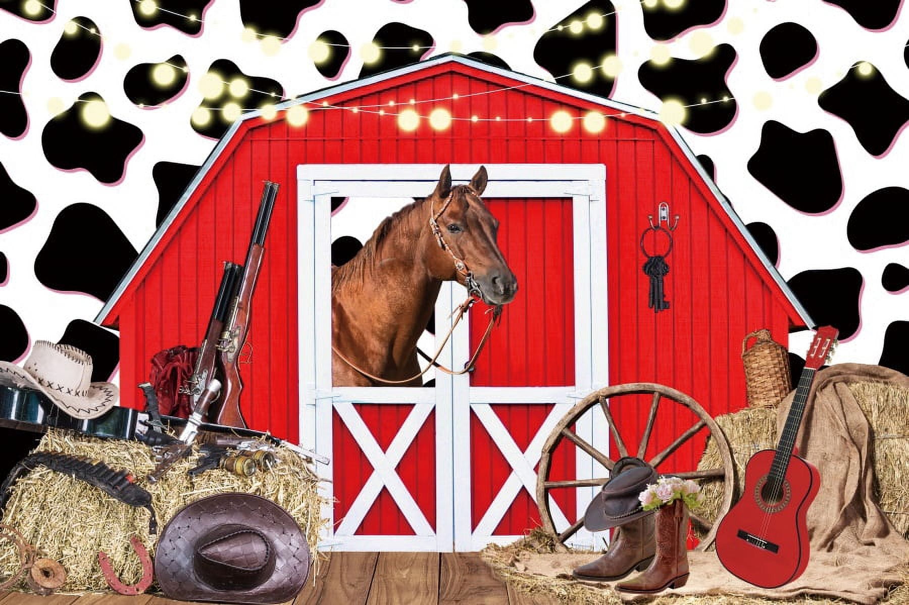 Red Rustic Farm House Scene Backdrop Wild West Straw Horse Baby Shower ...