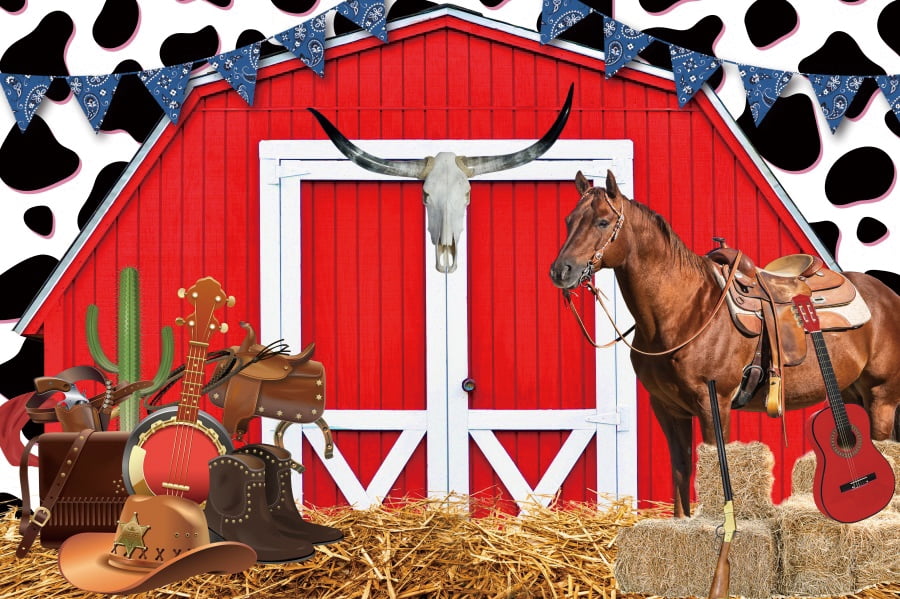 Red Rustic Farm House Scene Backdrop Wild West Straw Horse Baby Shower ...