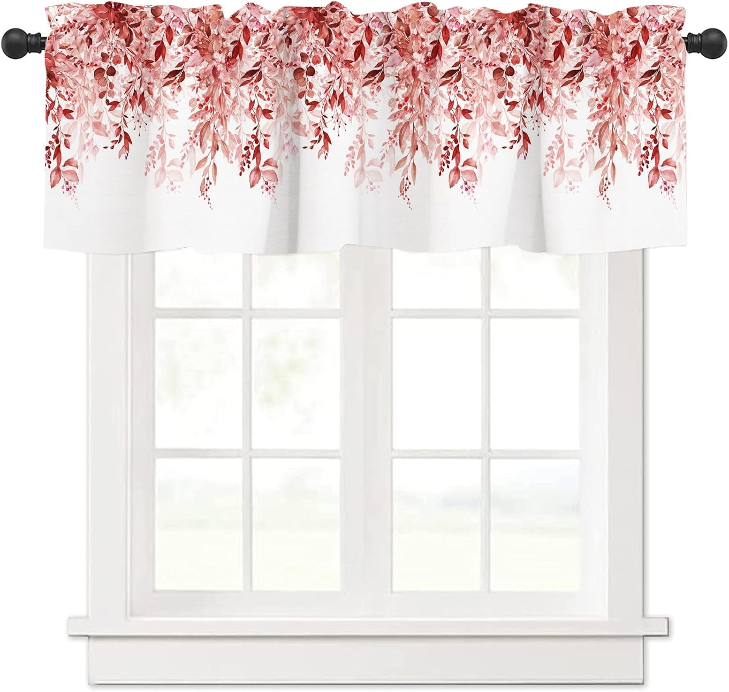 Red Sage Floral Kitchen Valance | Watercolor Eucalyptus Leaves | Retro ...