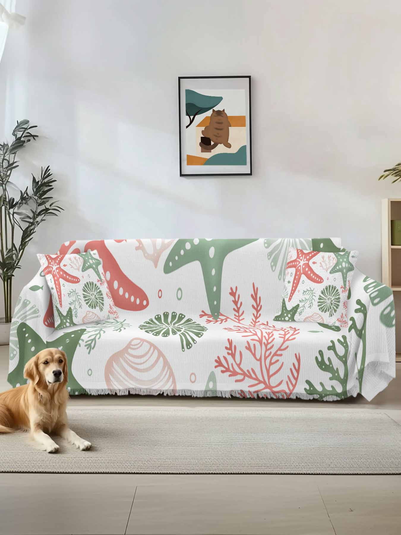 Red Sage Green Starfish Coastal Couch Cover for 2 Cushion Sofa, Beach ...