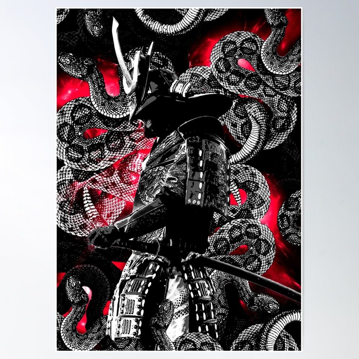 Red Samurai Black And White Snakes Poster Wall Art, Modern Wall Decor ...