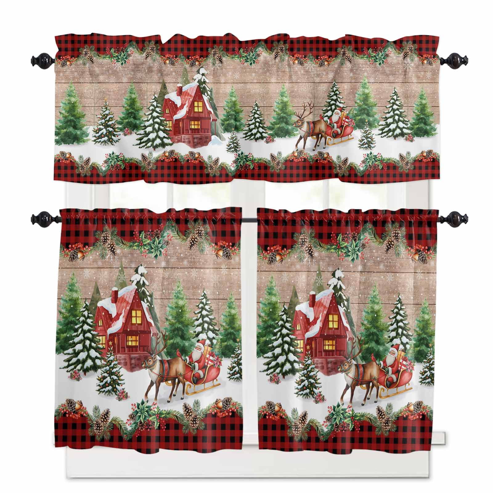 Red Santa Claus Curtain Valances Set Christmas Welcome Linen Kitchen ...