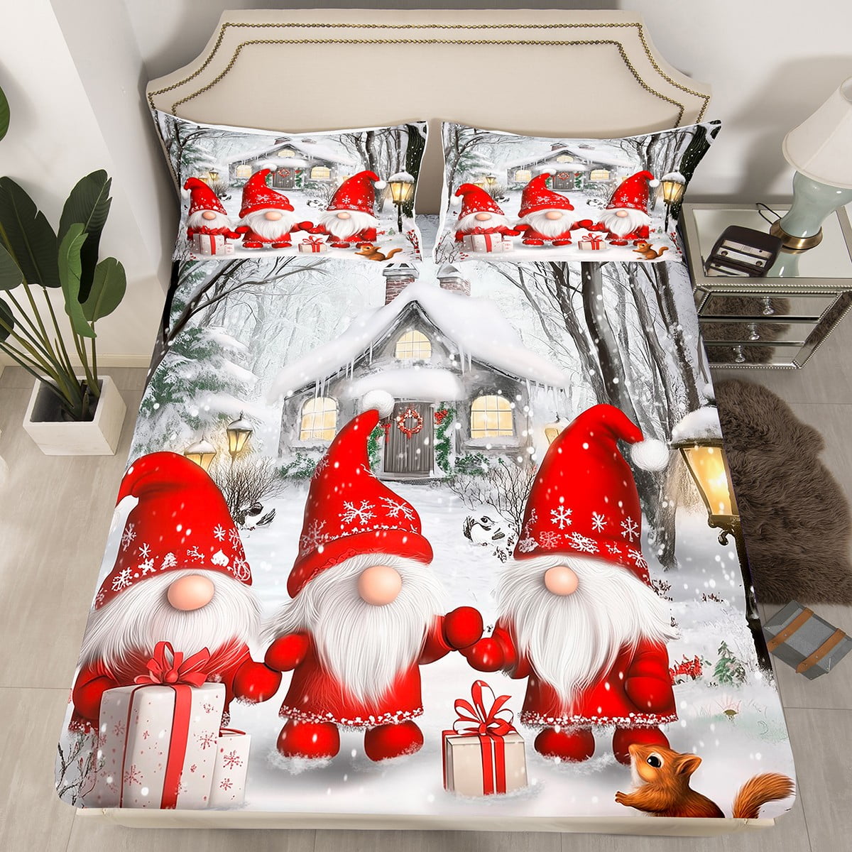 Red Santa Claus Kids Bed Sheets Cute Christmas Gnome Squirrel Full ...