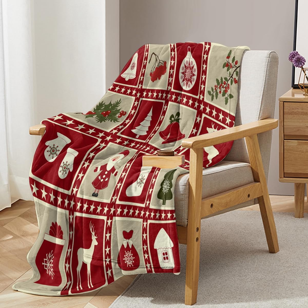 Red Santa Claus Reindeer Flannel Blanket Holiday Pattern Fuzzy Warm and ...