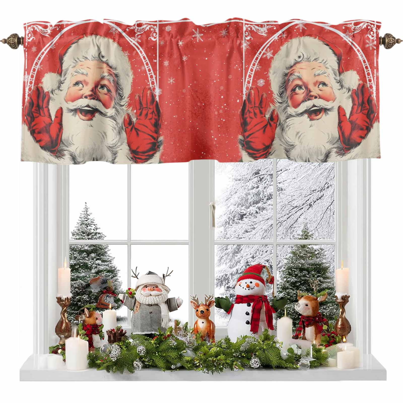 Red Santa Claus Valances for Windows, Retro Watercolors Christmas Santa ...