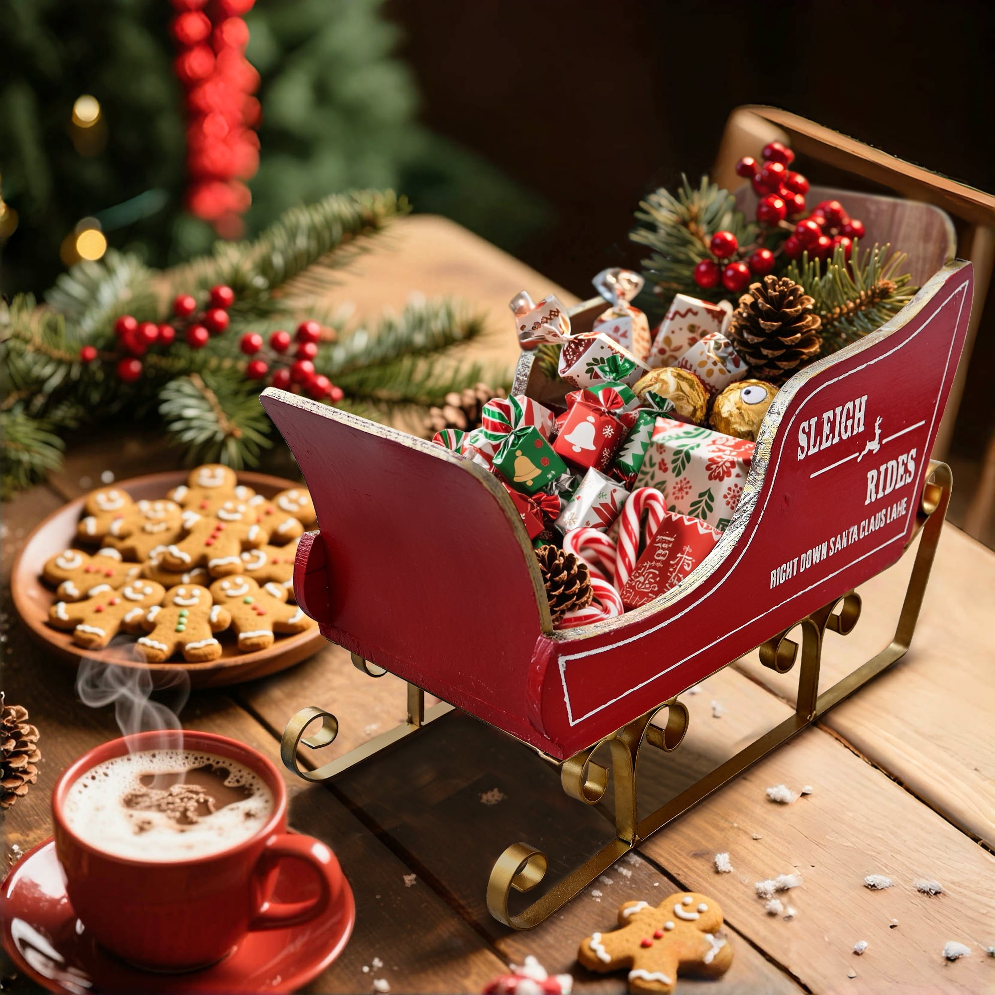 Vinatge Christmas Wood Sleigh Basket Centerpiece for Tabletop & Mantel ...