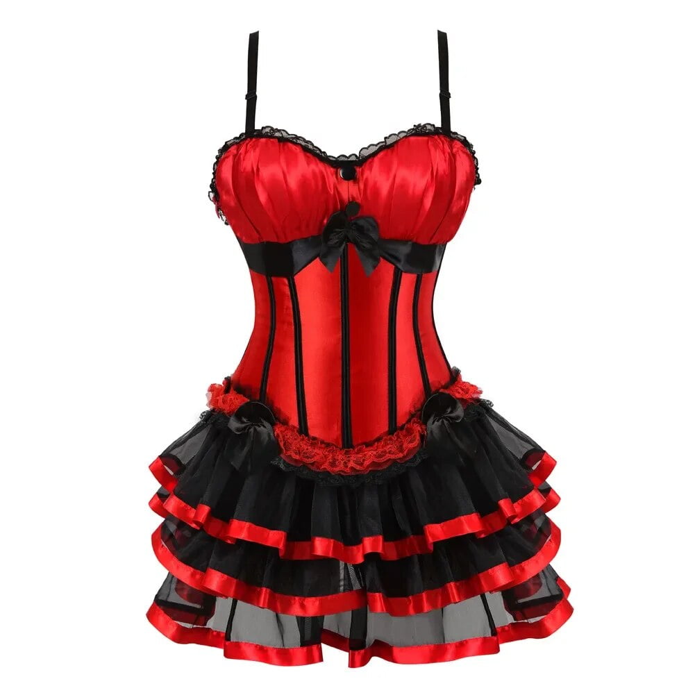 Red Satin Overbust Corset Dress With Layered Tulle Skirt Burlesque