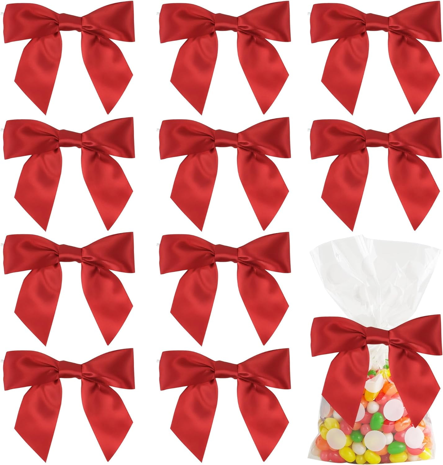 Red Satin Ribbon Twist Tie Bows for Treat Bags 4.5" Pre-Tied Red Bows ...