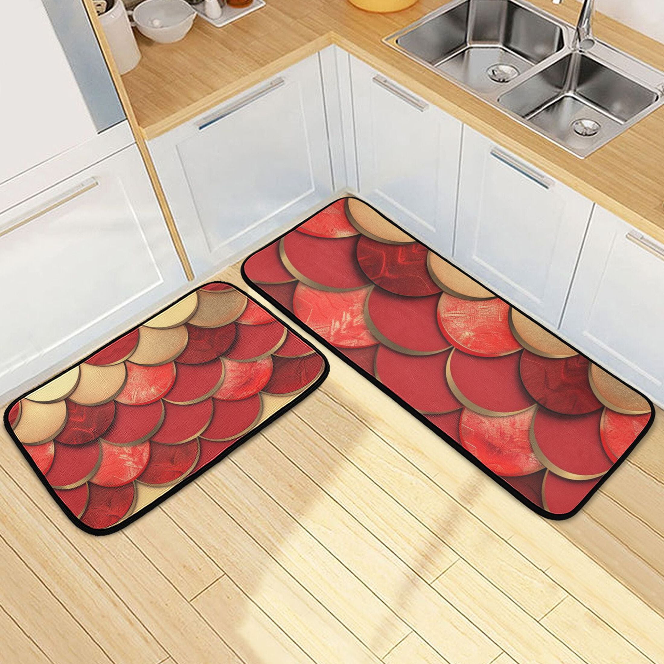 Red Scales Kitchen Rugs Set of 2 Non Slip Floor Foam Mat Cushioned Soft ...
