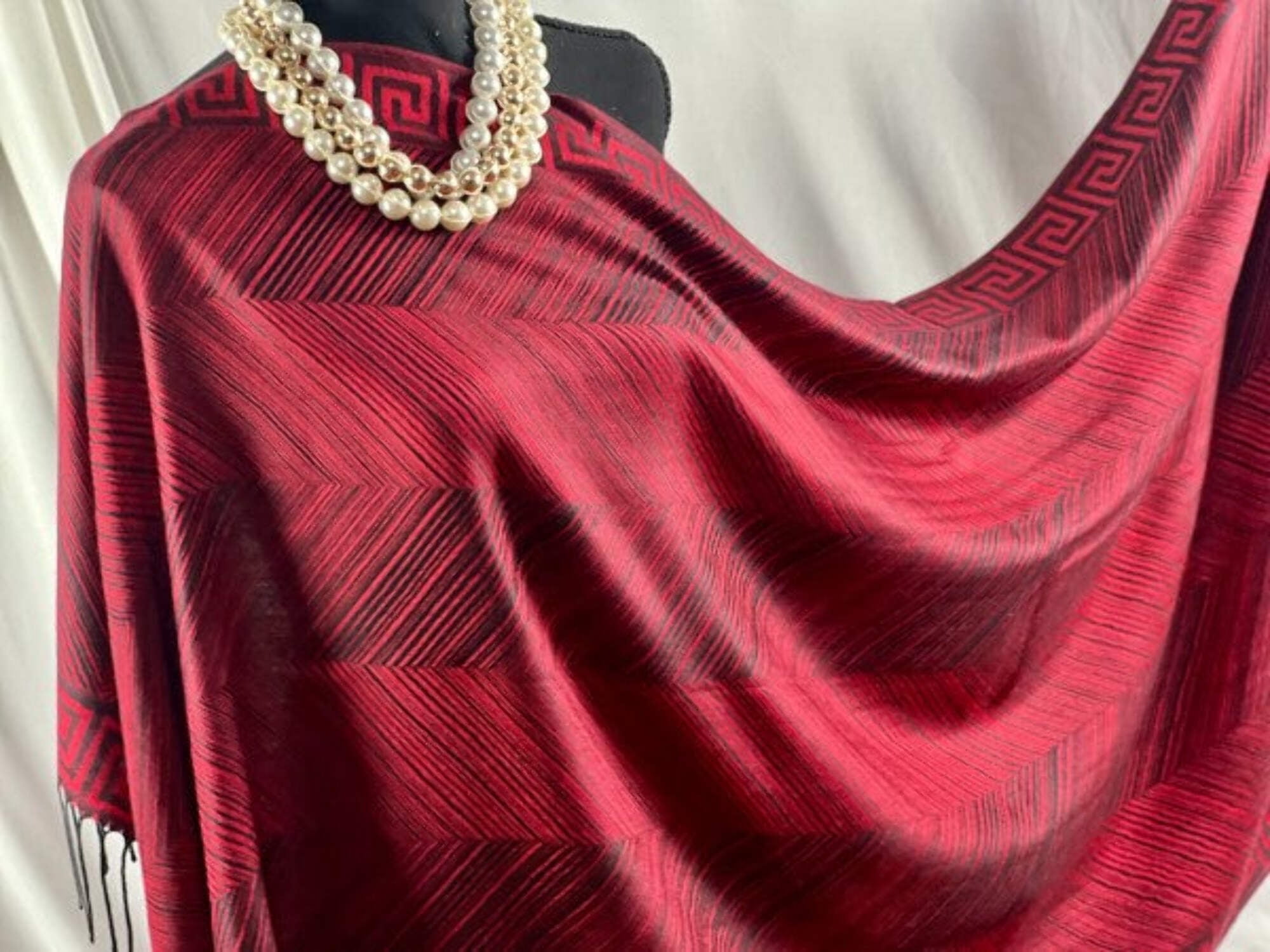 Red Scarf Shining Scarf Vintage Herringbone Greek Key Border Pashmina ...