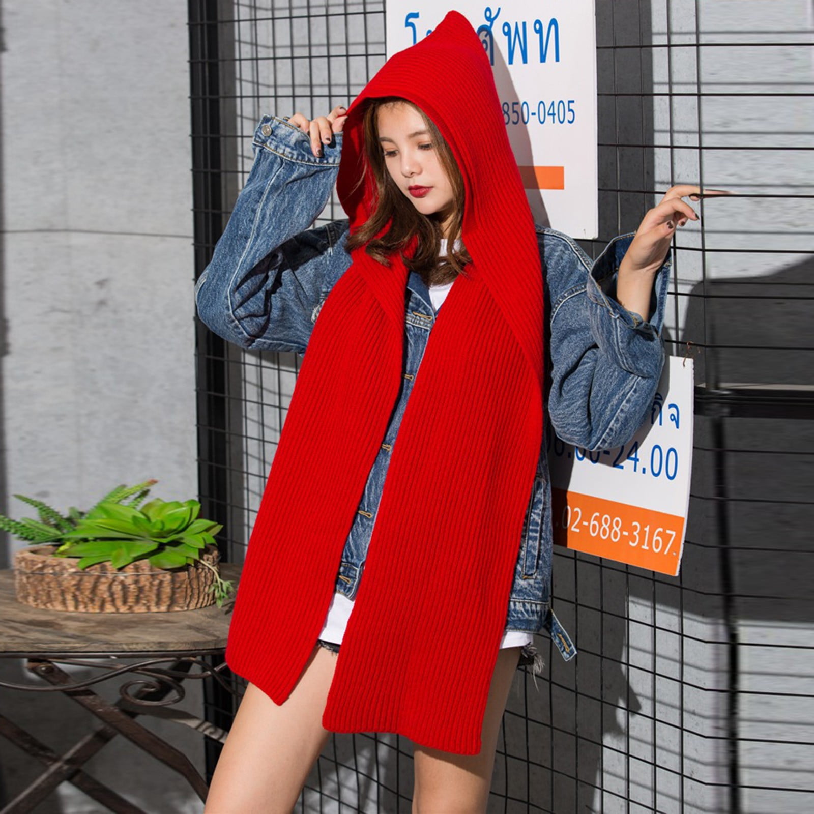 Red Scarf Solid 2 In 1 Knit Hooded Scarf Set Winter Melon Cap Warm ...