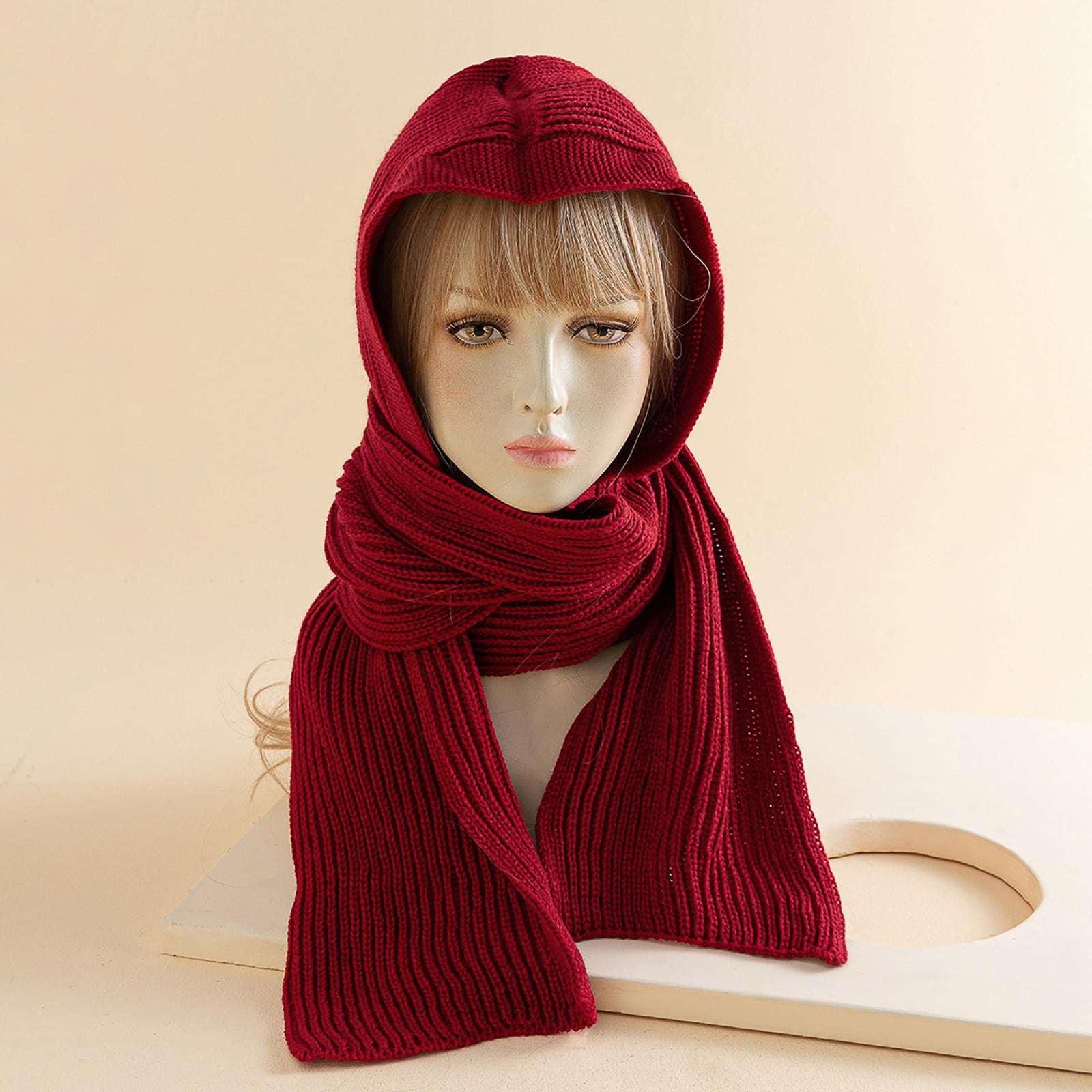 Red Scarf Winter Womens Thick Warm Knit Hooded Scarf Pullover Headscarf ...