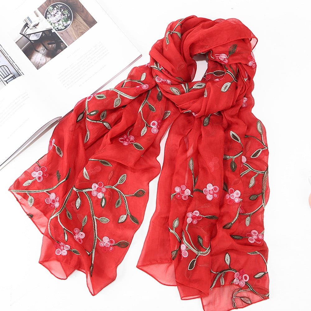 Red Scarf Women Embroidery Chiffon Scarf Hijab Wrap Shawls Headband ...