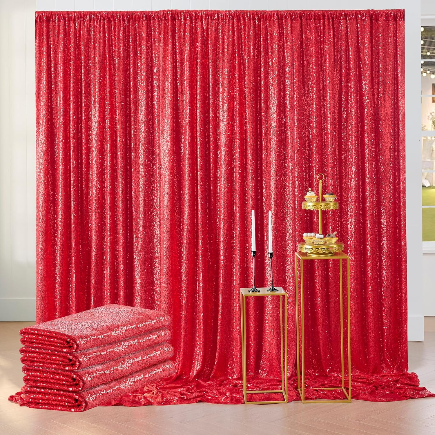 Red Sequin Backdrop Curtain, 4 Panels 4FTx10FT Wrinkle-Free Photo ...