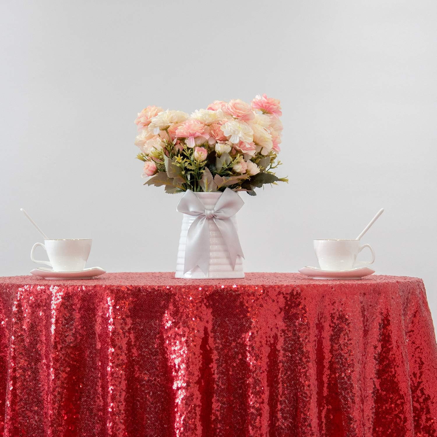 Red Sequin Tablecloth Round 50" Glitter Table Cover Metallic Sequence ...