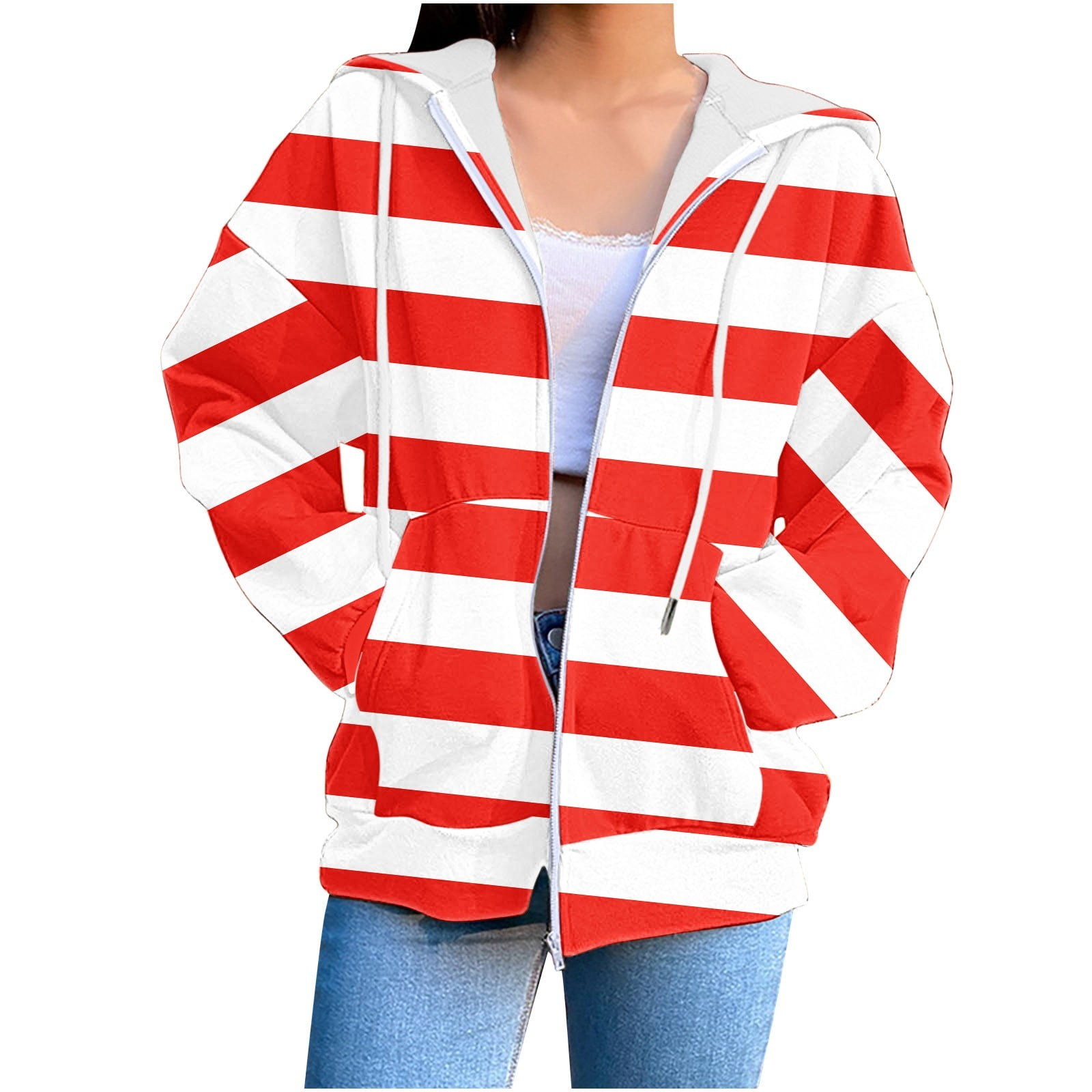 Red Shacket for Women Fall Winter Long Sleeve Graphic Striped Hooded ...