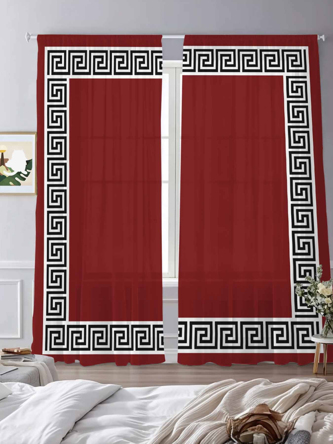 Red Sheer Curtains 108 inches Long 2 Panels Set Greek Chinese Style ...