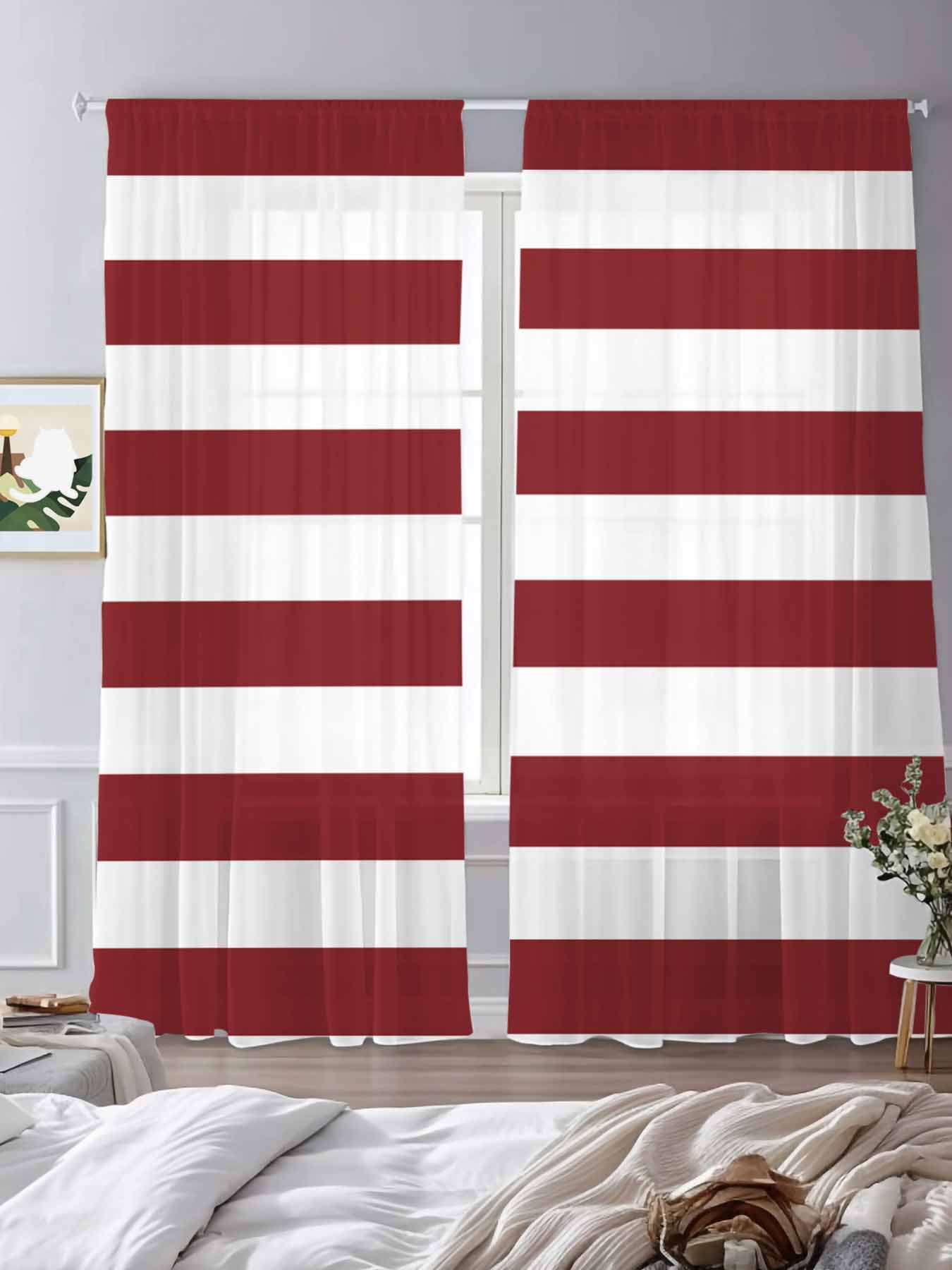Red and Sheer Curtains 96 inches Long 2 Panels Set White Stripe Tiers ...