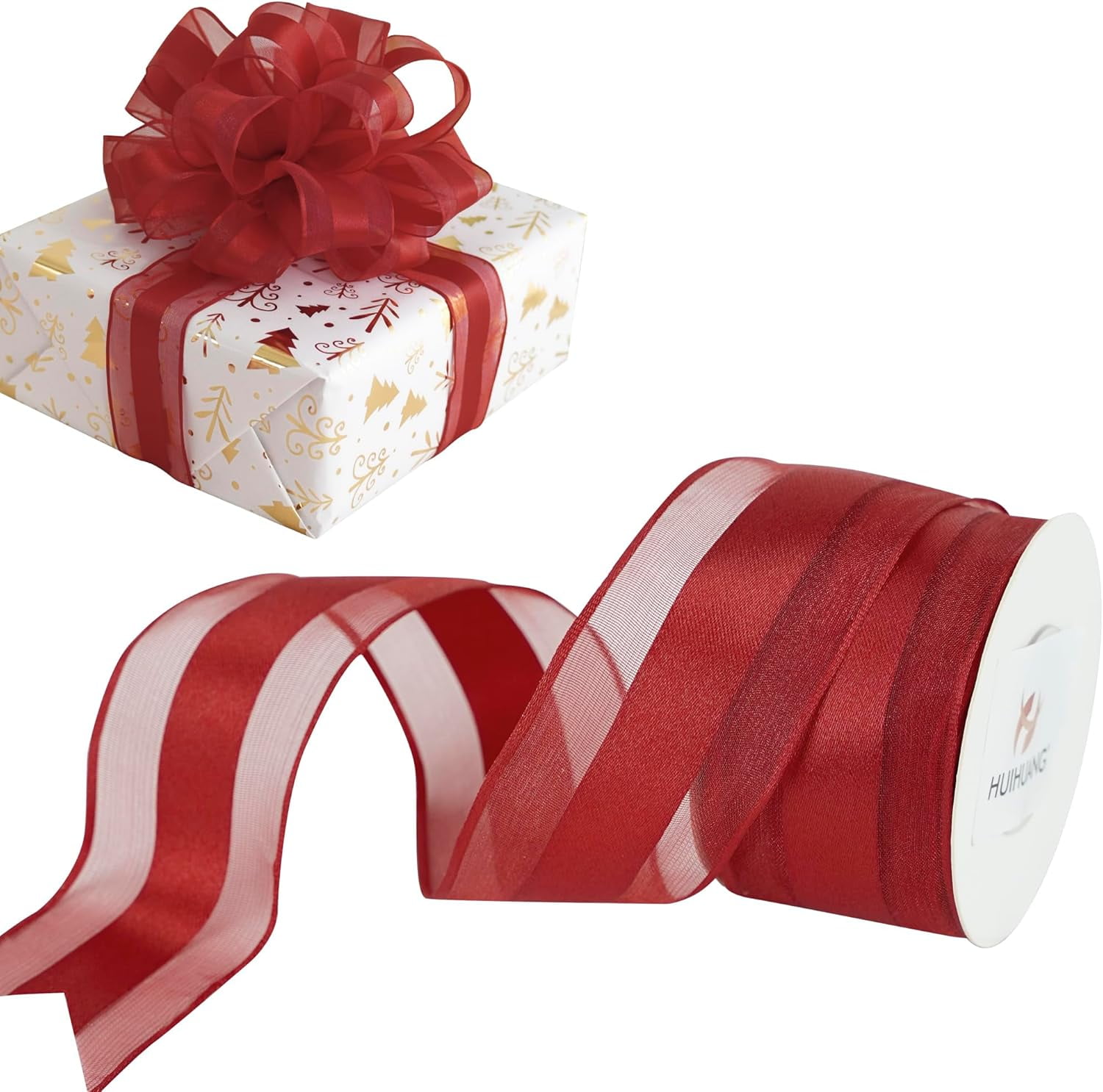 Red Sheer Wired Ribbon with Satin Stripe 1-1/2" Red Wired Ribbon for ...