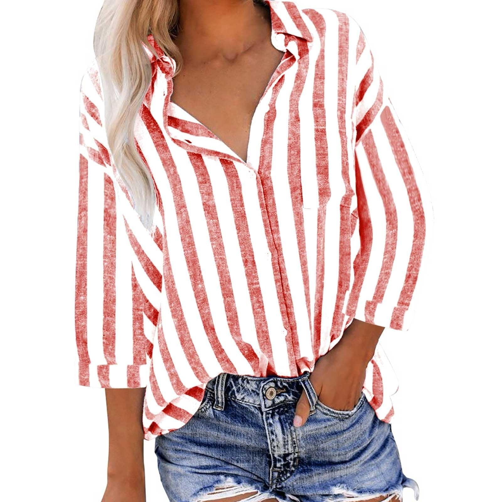 Red Shirts for Women Cotton Linen Stripe Shirts For Women 3/4 Length ...