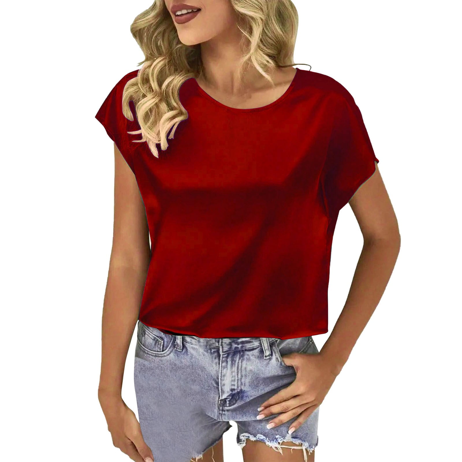 Red Shirts for Women Solid Batwing Sleeve Satin Shirt T Shirt Top ...