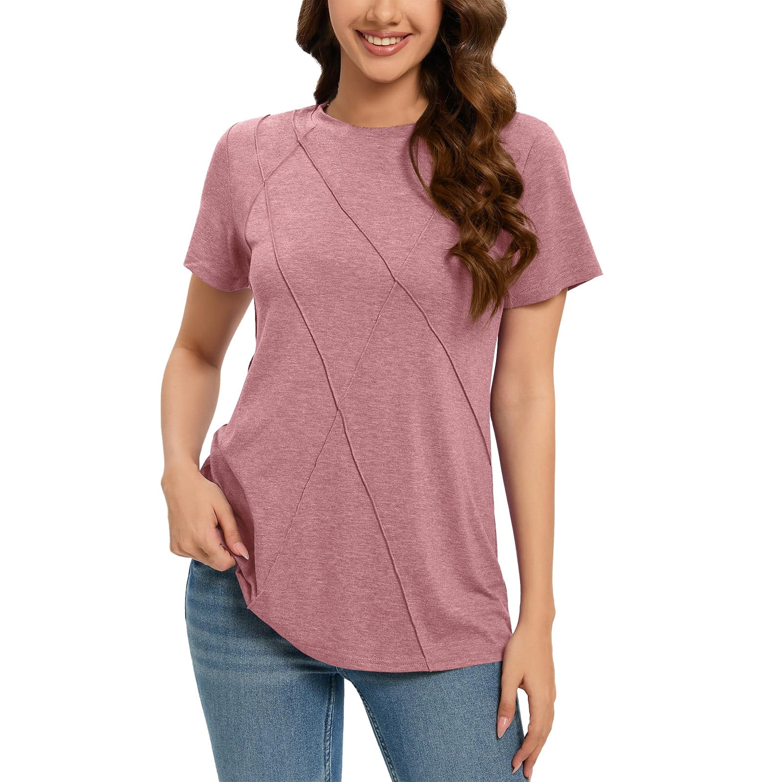Red Shirts For Women Solid Color Crew Neck Short Sleeve Pleated T Shirt