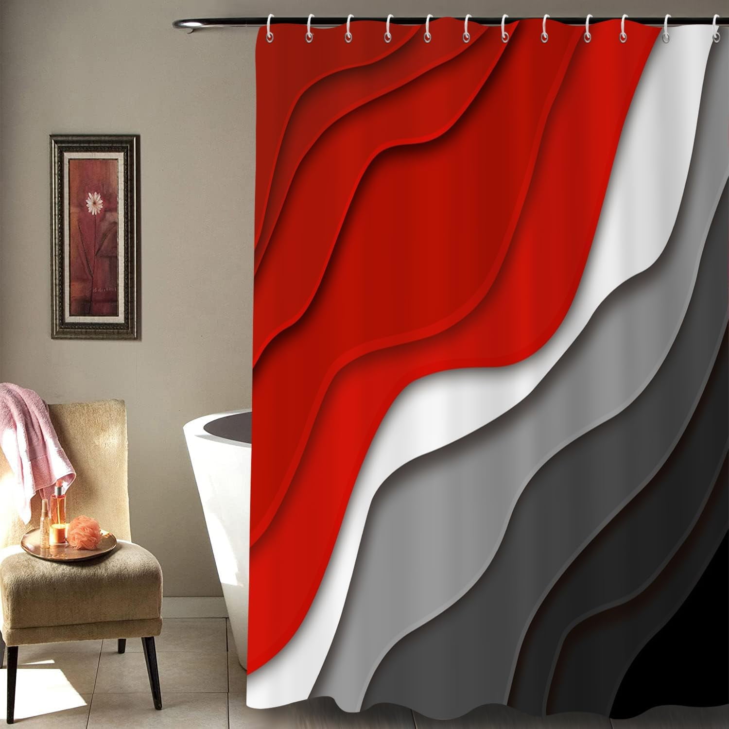 Red Shower Curtain, Red Grey Black Ombre Aqua Beach Waves Abstract Ocean Modern Bathroom Curtain ...
