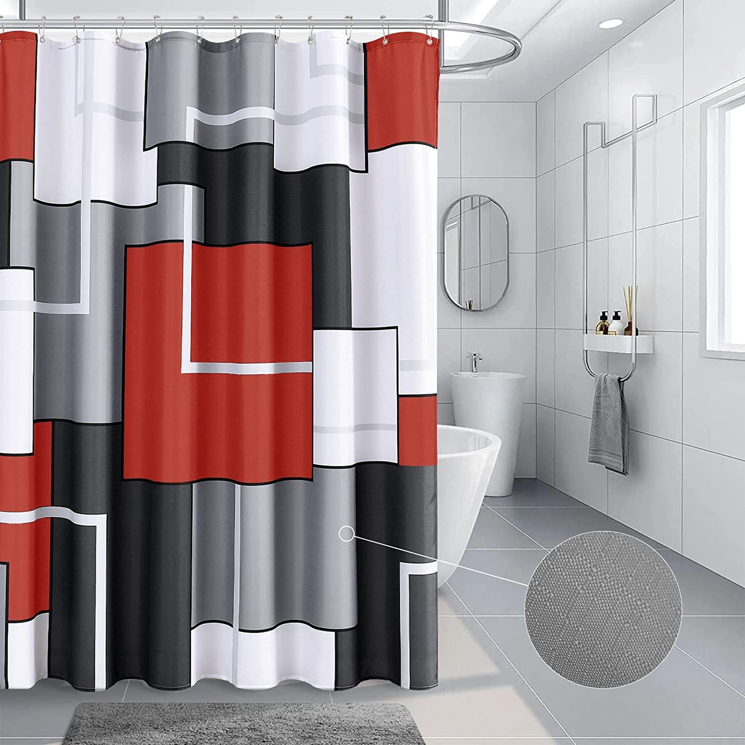 Busyhead Red Shower Curtain Set with Hooks, Black and White Geometric ...