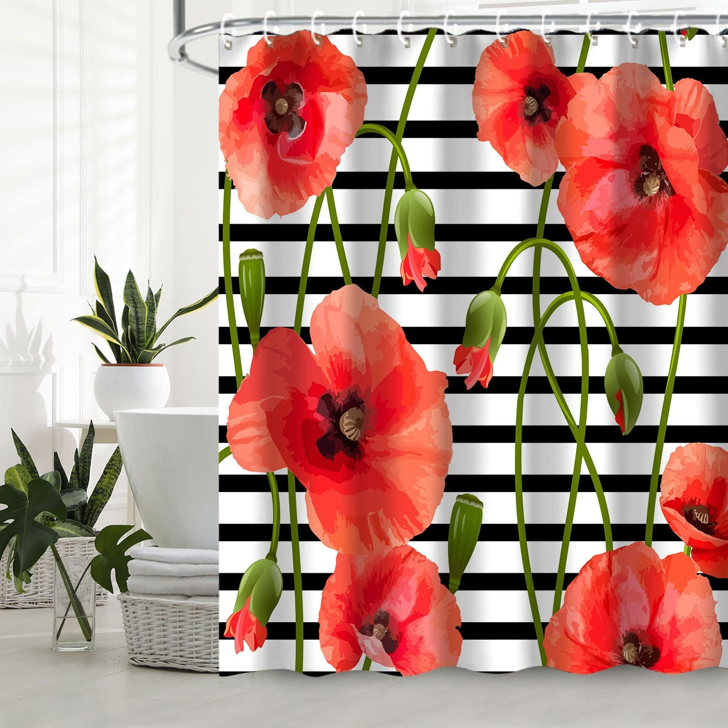 Red Shower Curtains for Bathroom Floral Shower Curtain Flowers Poppy ...
