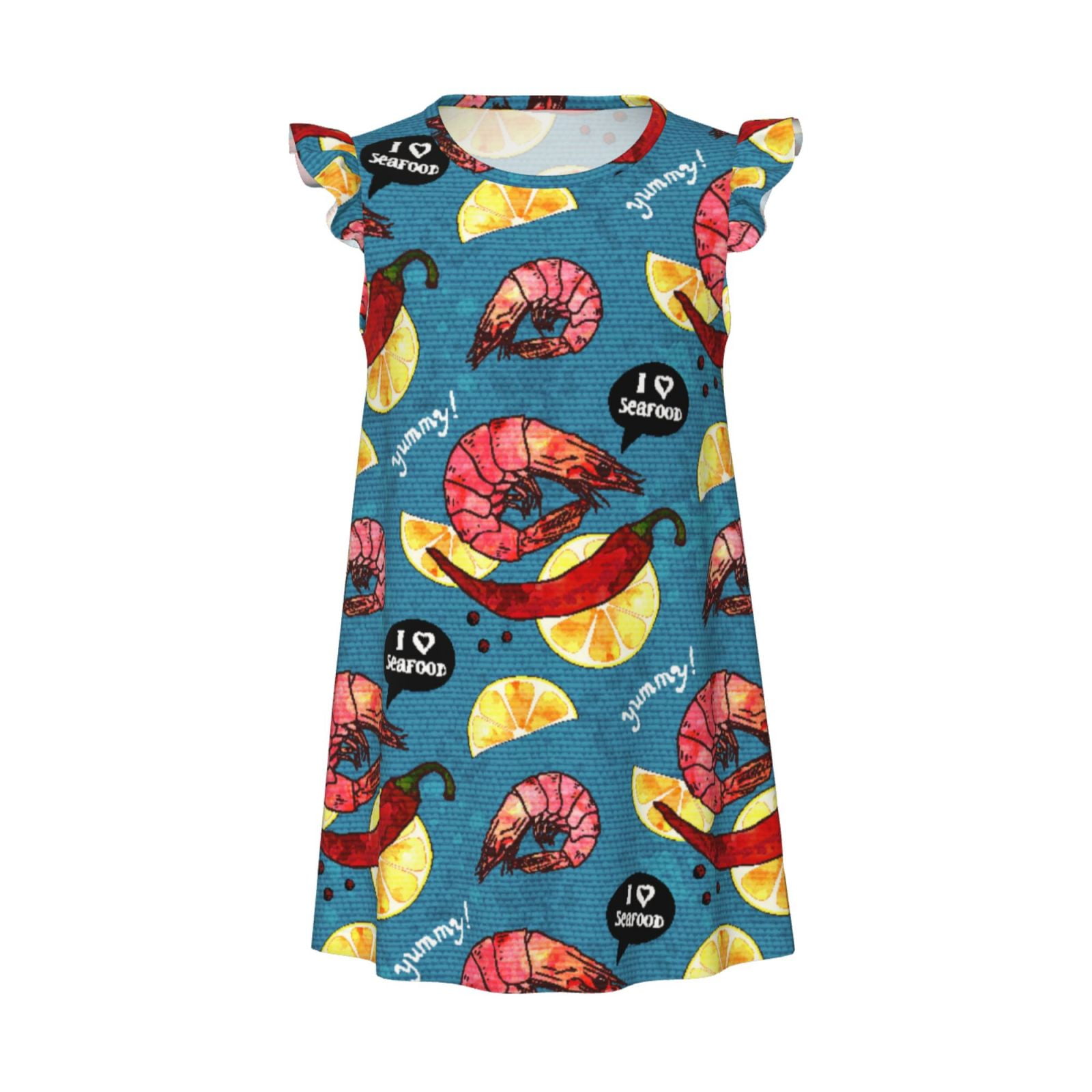 Red Shrimp Chili Lemon Girls Nightgown, Flutter Short Sleeves Night ...