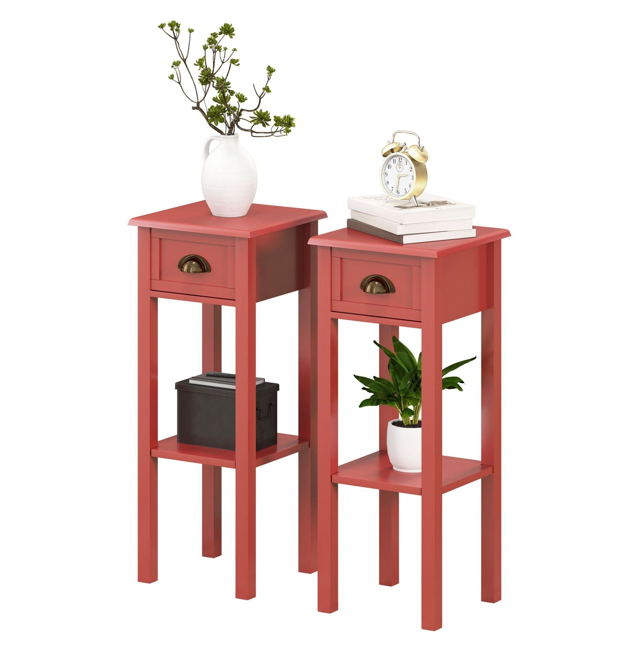 Red Side Tables Set of 2 with Drawer & Shelf, End Tables for Living ...