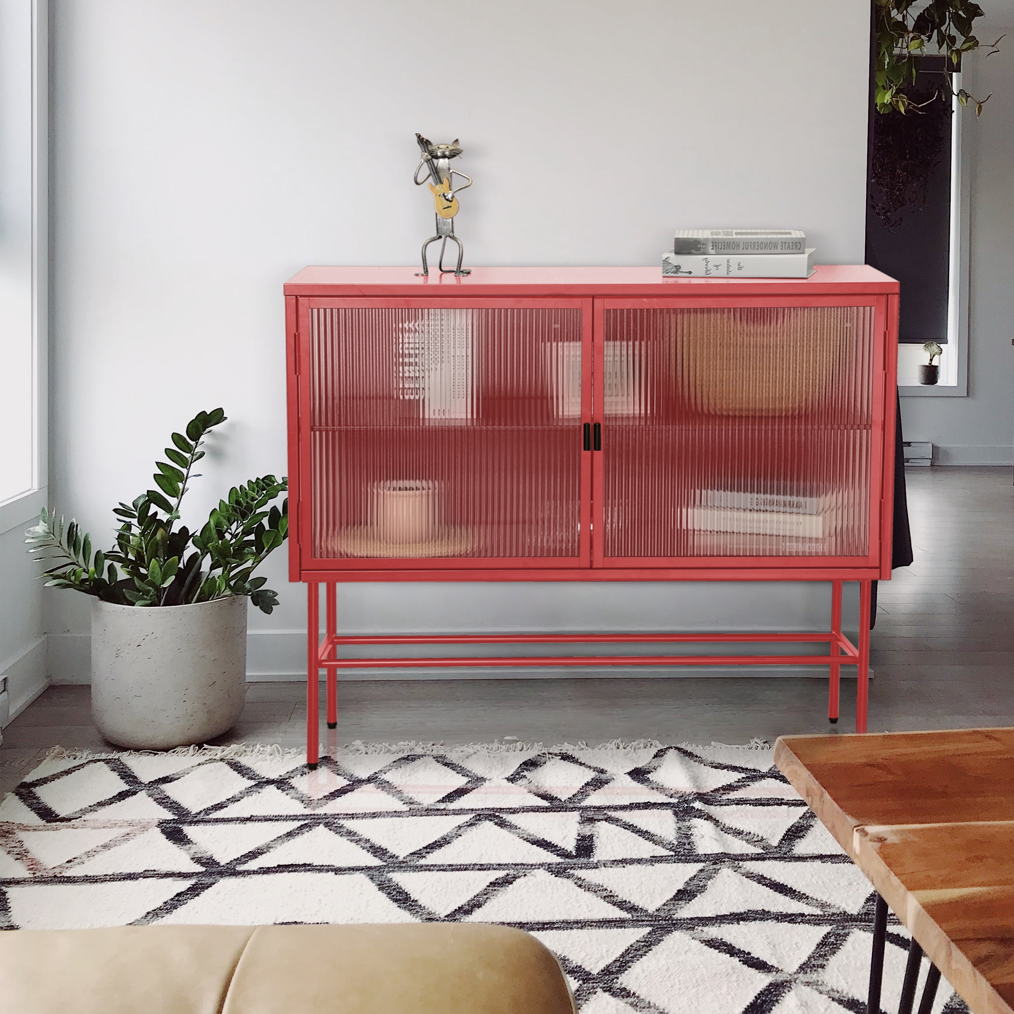 Red Sideboard Storage Cabinet with Two Fluted Glass Doors Detachable ...