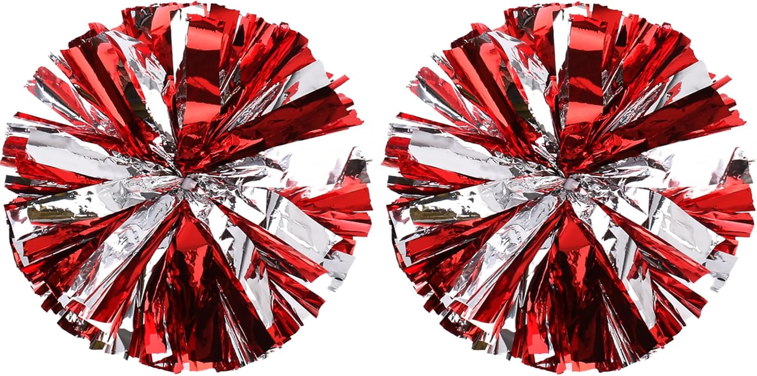 Red and Silver Cheerleading Pom Poms with Finger Rings, 2 Pack Metallic ...
