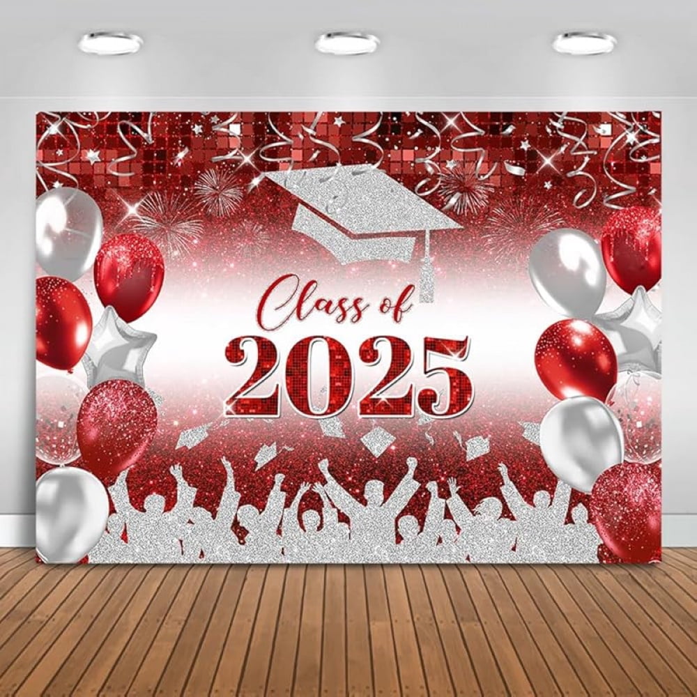 Red Silver Class of 2025 Backdrop Graduation Caps Congrats Grad ...