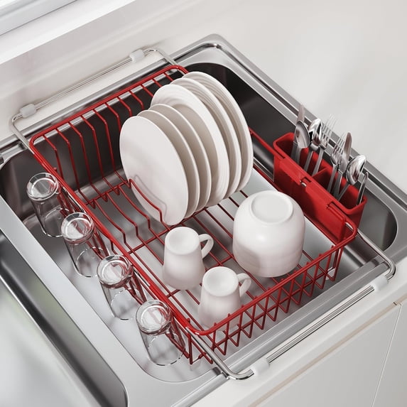 Red in Sink Dish Drying Rack, Expandable Stainless Steel Small Dish ...