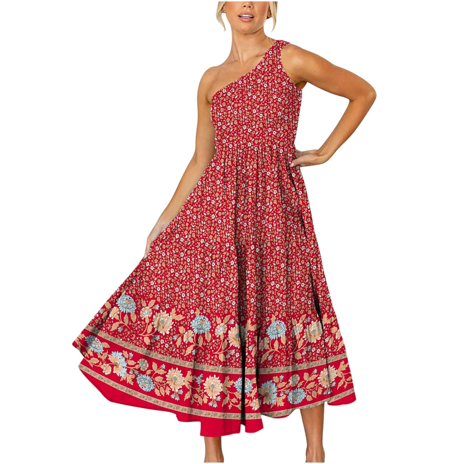 Red Skew Neck Dresses for Ladies Summer Fall Sleeveless One Shoulder ...
