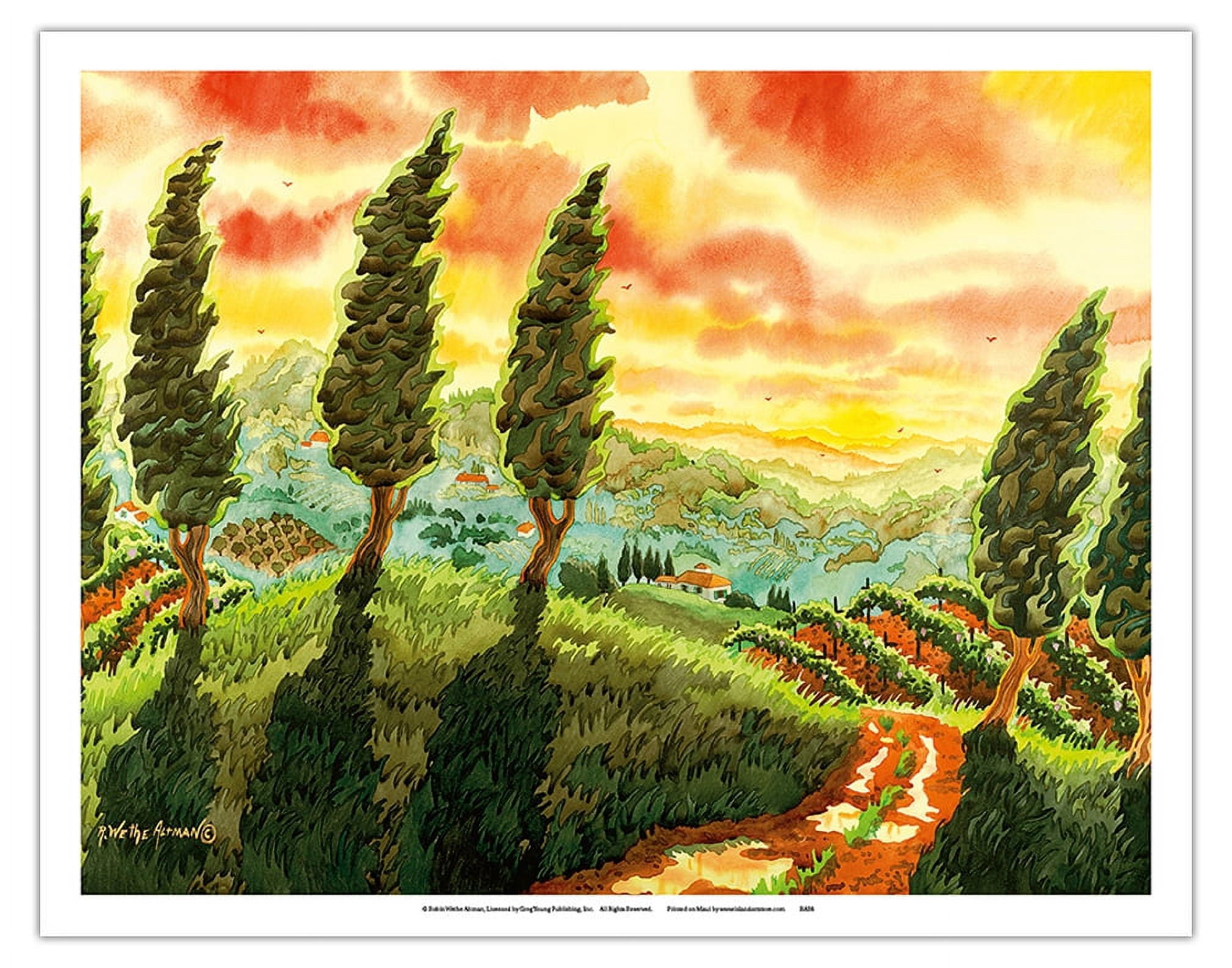 Red Sky over Tuscany Italy - Italian Vineyards Cypress Trees - From an ...