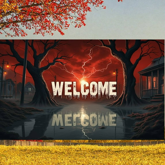 Red Sky Welcome Banner Design Horror Display Dead Trees Creepy Font ...