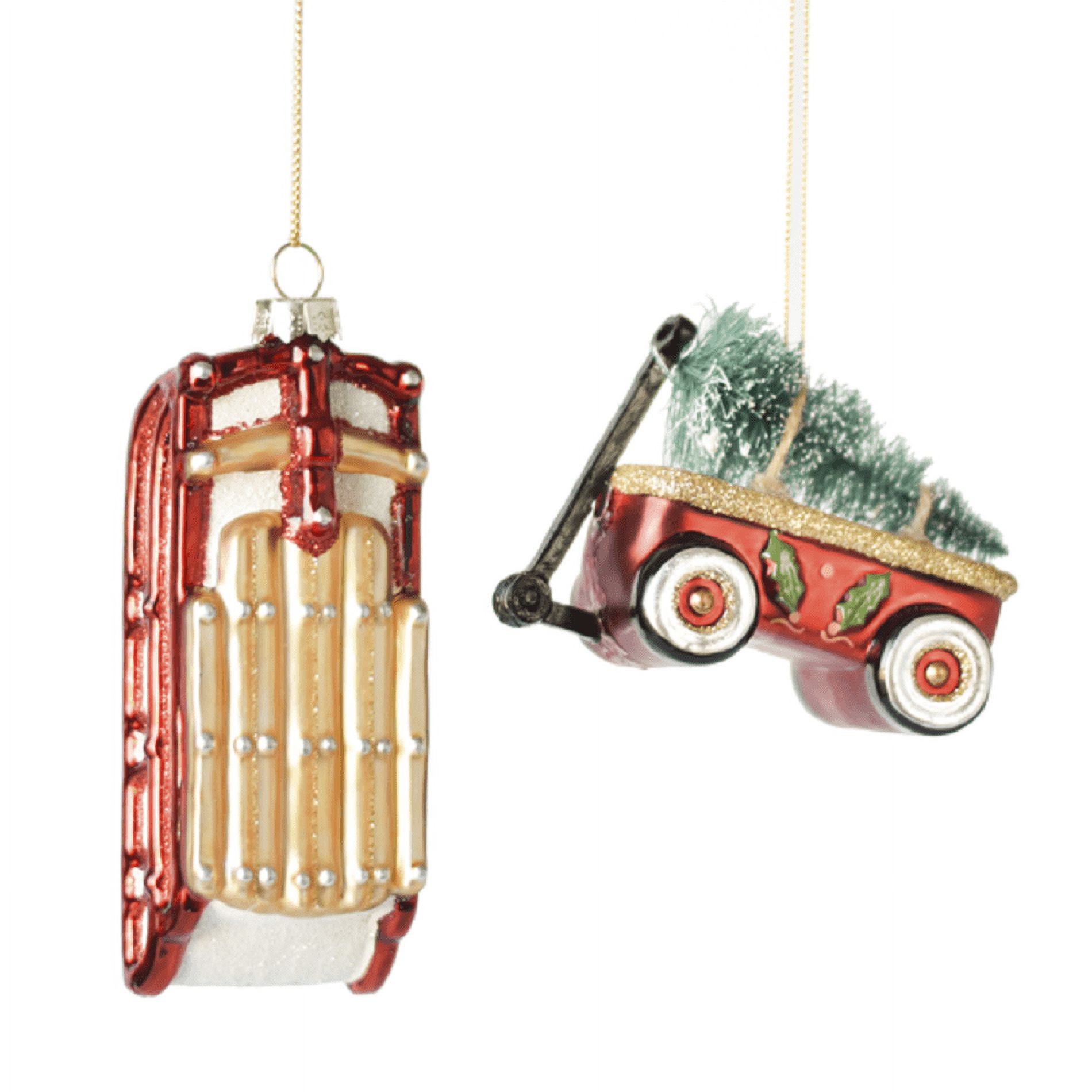 Red Sled and Wagon Pulling Tree Christmas Holiday Ornaments Set of 2 ...